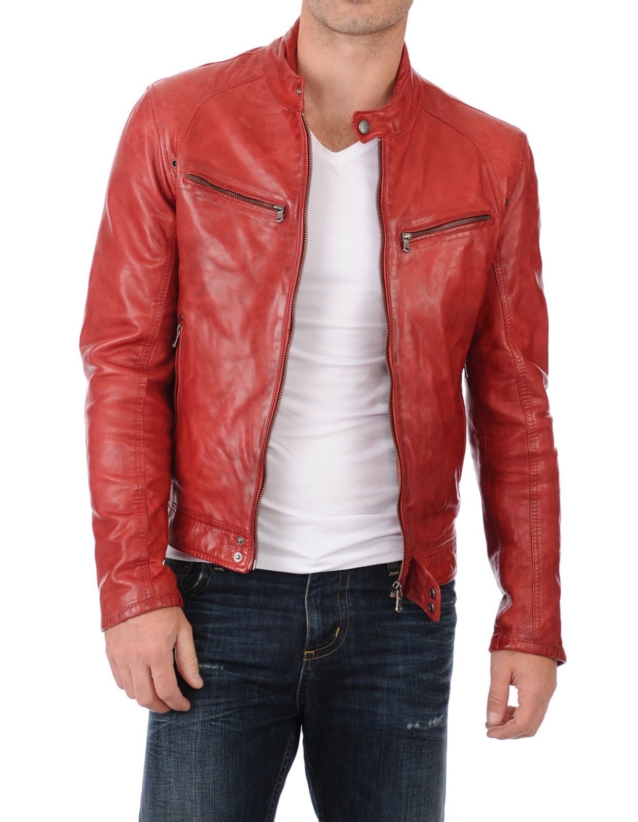 Men's Slim Fit Designed Red Leather Jacket Coat Motor Biker Coat - 35 ...